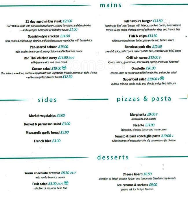 Menu at a&o Manchester City Centre restaurant, Manchester