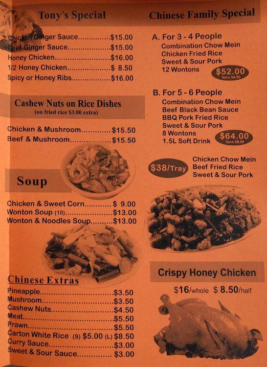 Menu at Tony's Takeaway fast food, Auckland