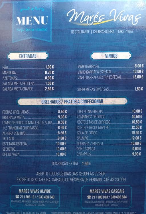 Menu at Mares Vivas, Cascais, Rua Zita Duarte