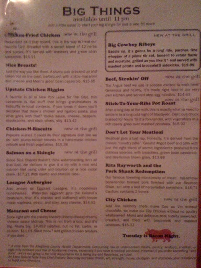 Menu at Harris Grill pub & bar, Pittsburgh, Ellsworth Ave