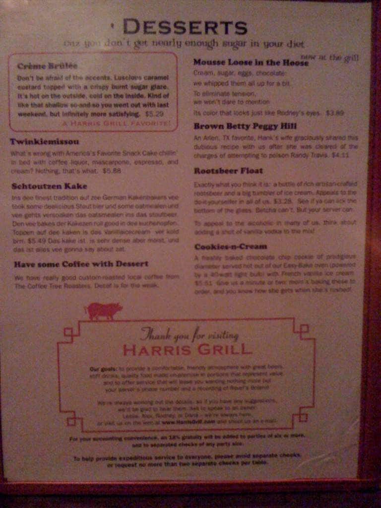 Menu at Harris Grill pub & bar, Pittsburgh, Ellsworth Ave