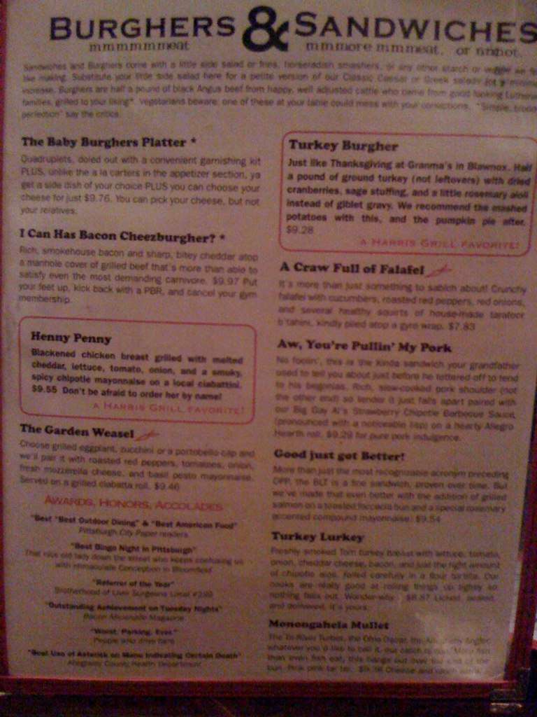 Menu at Harris Grill pub & bar, Pittsburgh, Ellsworth Ave