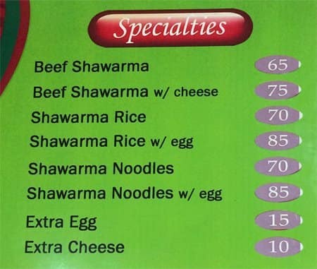 Menu at Shawarma Shack restaurant, Cebu City, 7VMJ+5J6