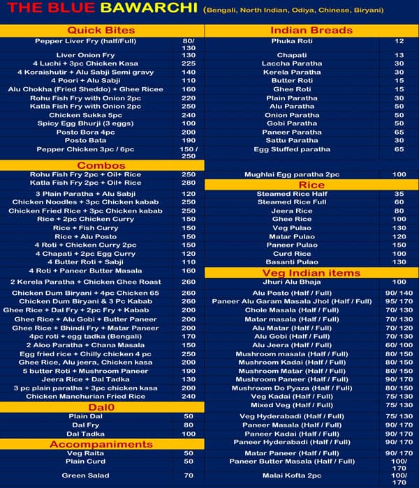 Menu of The Blue Bawarchi Restaurant, Indiranagar, Bangalore