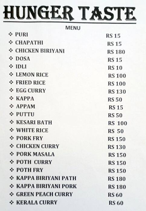 Menu of Hunger Taste, BTM, Bangalore