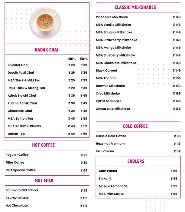 Menu of MBA Chaiwala, Dombivali East, Thane
