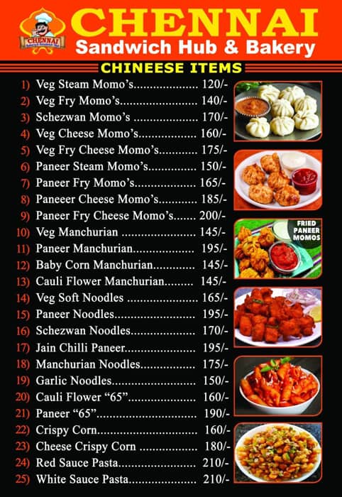 Menu of Chennai Sandwich Hub & Bakery, Islampet, Vijayawada