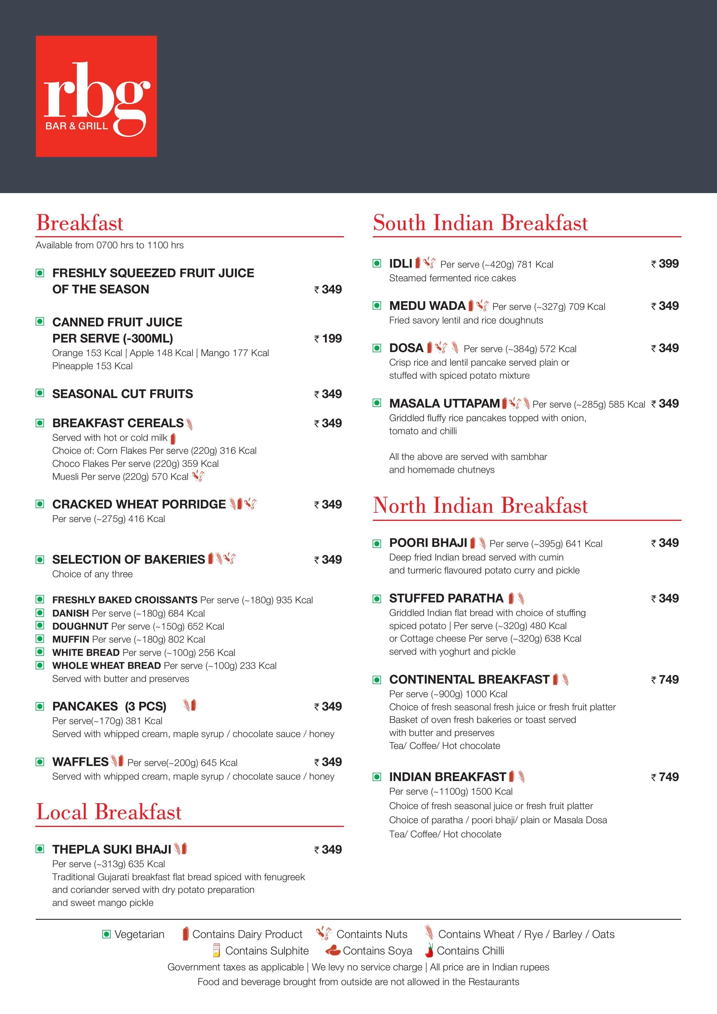 Menu of RBG All Day Dining, Pal Gam, Surat