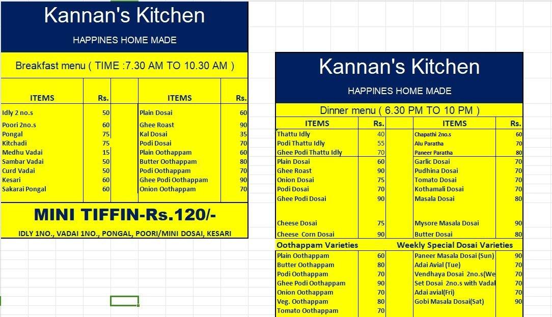 Menu of Kannan's Kitchen, Chromepet, Chennai