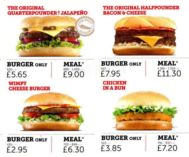 Menu at Wimpy restaurant, London, Shop 28