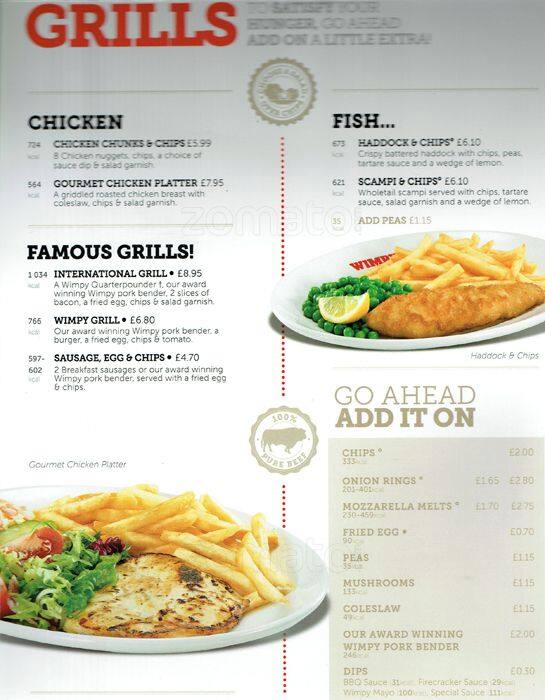 Menu at Wimpy restaurant, Thornton Heath, 89 High St