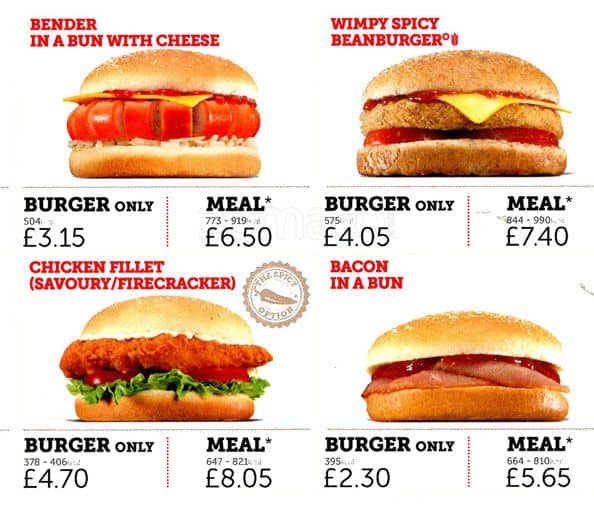 Menu at Wimpy restaurant, London, Shop 28