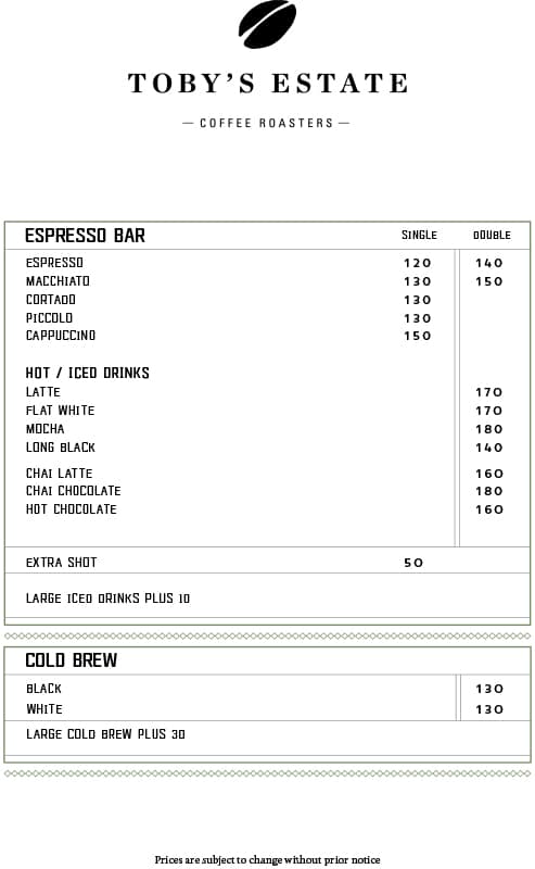 Menu at Toby’s Estate Coffee Roasters cafe, Taguig, Ecotower