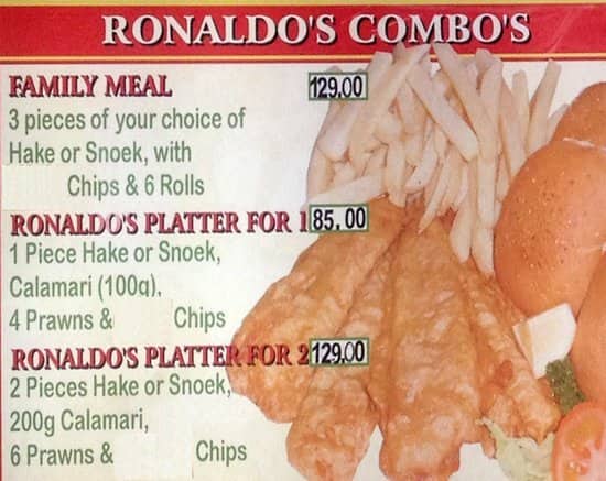 Menu at Ronaldo's Fisheries restaurant, Cape Town