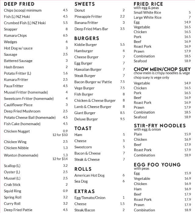 Menu at Westgate Takeaways fast food, Auckland