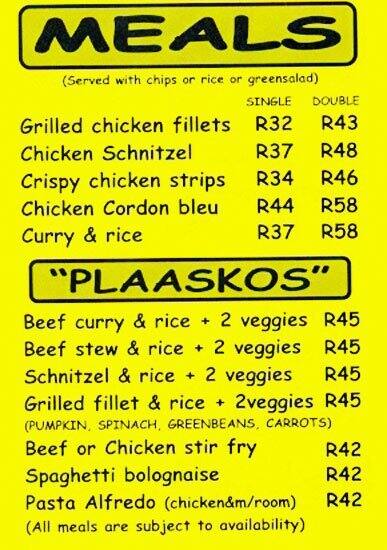 Menu at Die Kos Kafee cafe, Pretoria, 13e Laan