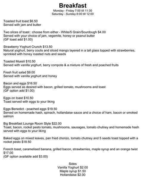 Carta del café The Lounge Room, Guildford