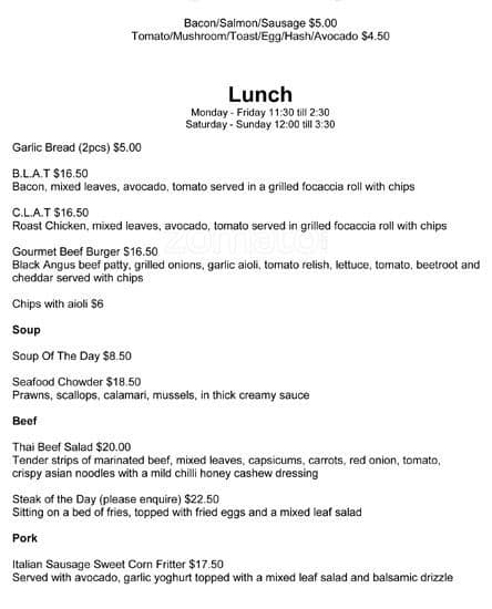 Menu at The Lounge Room cafe, Guildford