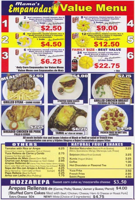 Menu at Mama's Empanadas restaurant, New York City, 85-5 Northern Blvd