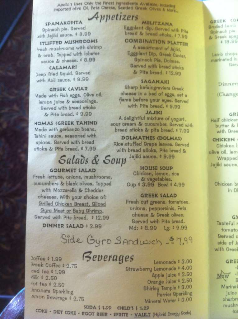 Menu at Apollo Greek Restaurant, Richland