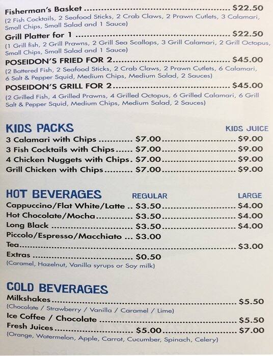 Menu at Poseidon's Catch restaurant, Lane Cove