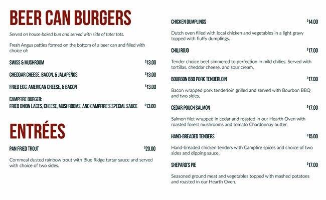Menu at Campfire Grill restaurant, Massanutten, Delwebb Dr