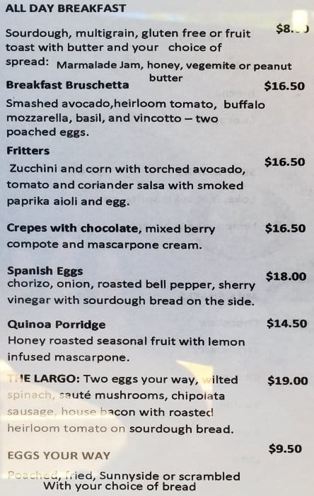 Menu at Cafe Largo, Brighton East