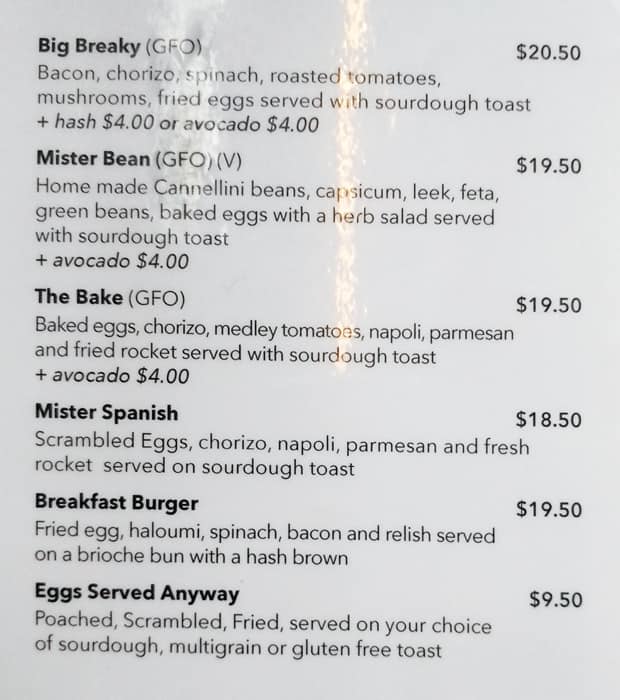 Menu at Mister and Miss cafe, Mont Albert