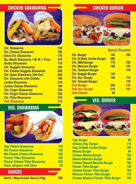 Menu of Al Baik Fast Food, Girgaum, Mumbai