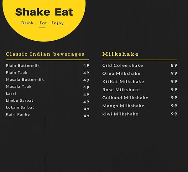 Menu of Shake Eat, Dhankawadi, Pune