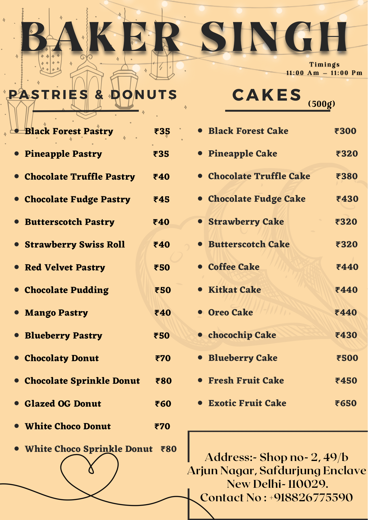 Menu of Baker Singh, Safdarjung, New Delhi