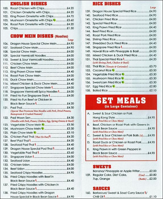Menu at China Dragon fast food, London, 838 Garratt Ln