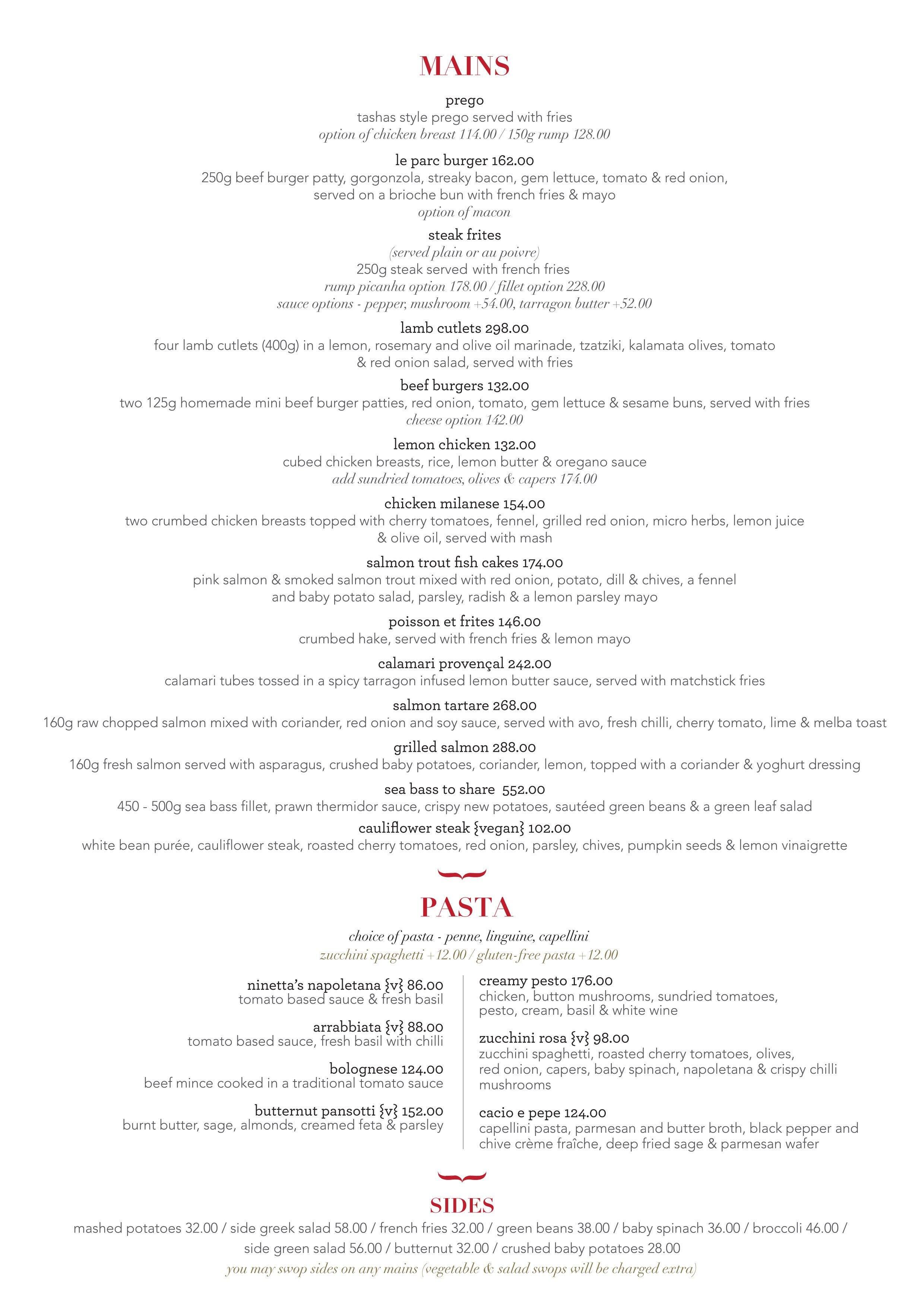 Menu at Le Parc by tashas restaurant, Johannesburg