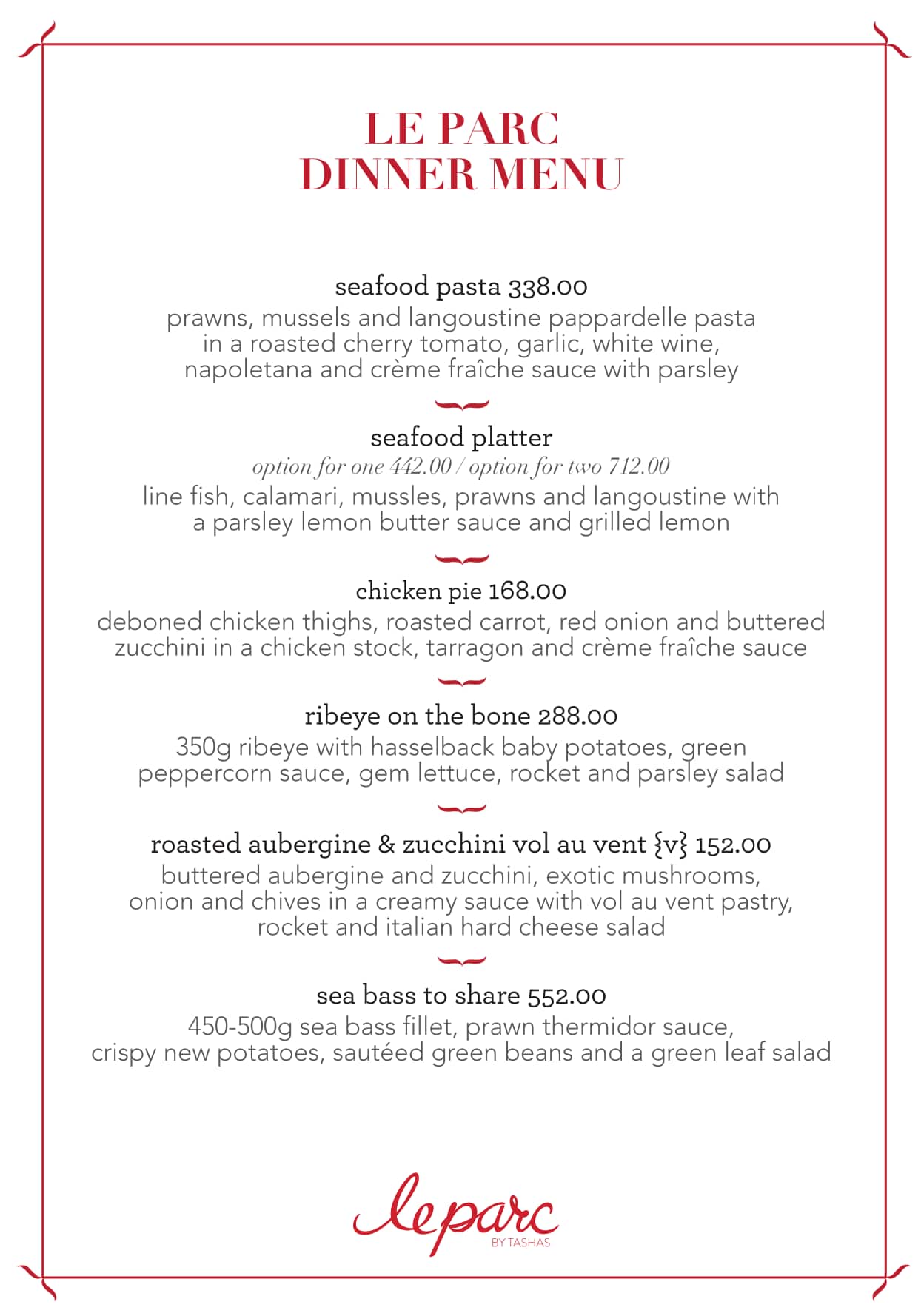 Menu at Le Parc by tashas restaurant, Johannesburg