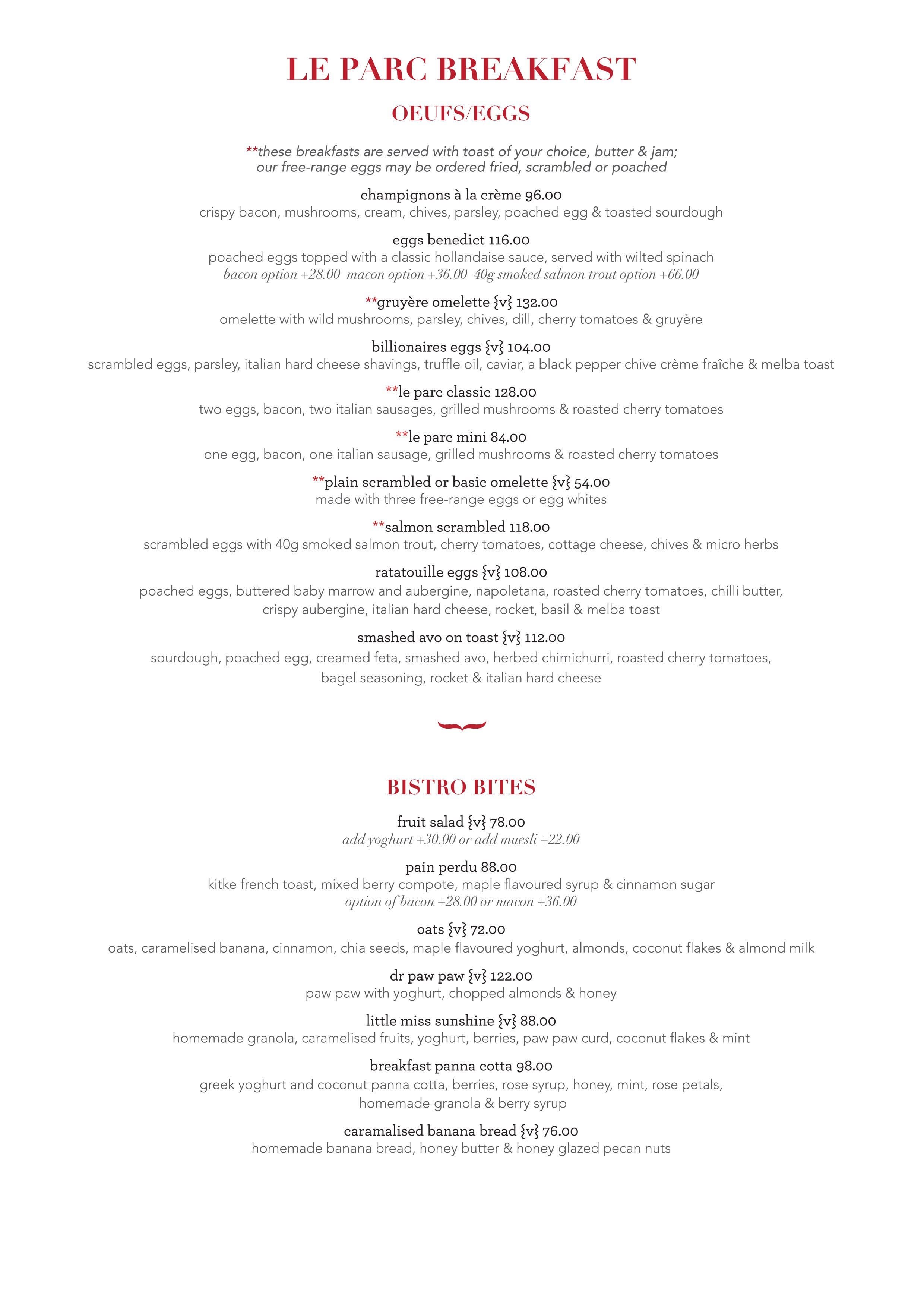 Menu at Le Parc by tashas restaurant, Johannesburg