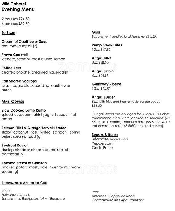 Menu at Wild Cabaret, Glasgow, 18 Candleriggs