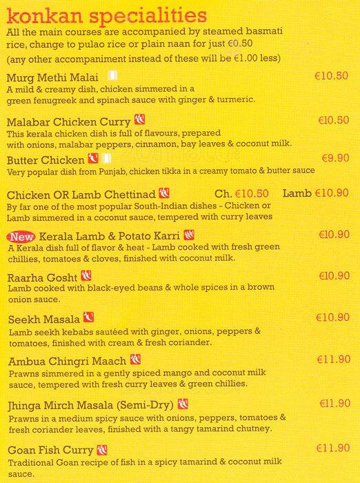 Menu at Konkan Dundrum restaurant, Dublin, Near Dundrum Crossroads