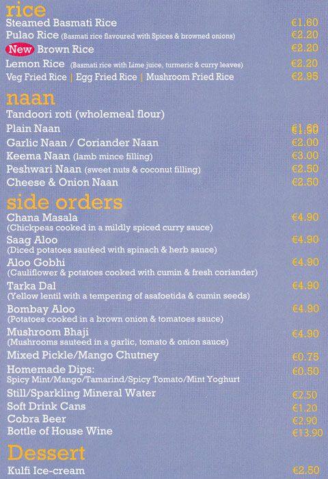 Menu at Konkan Dundrum restaurant, Dublin, Near Dundrum Crossroads
