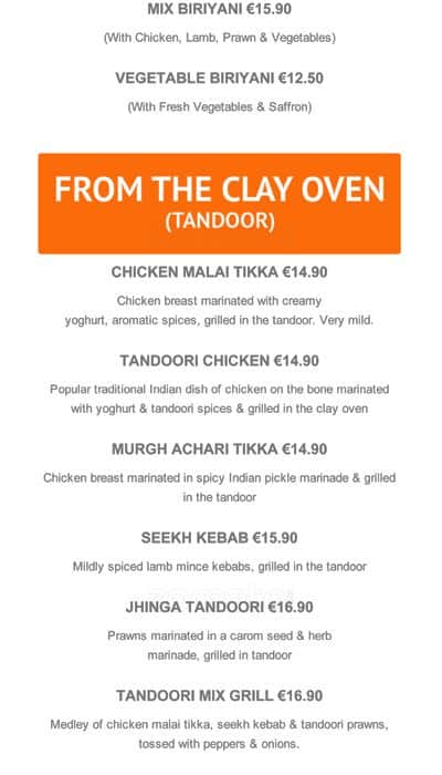 Menu at Konkan Dundrum restaurant, Dublin, Near Dundrum Crossroads