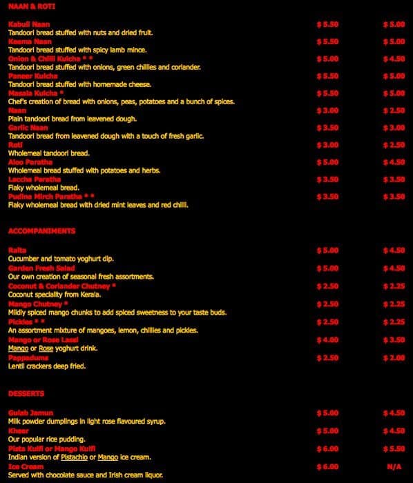 Menu at Indian Harvest Restaurant, Malvern East, 111 Waverley Rd