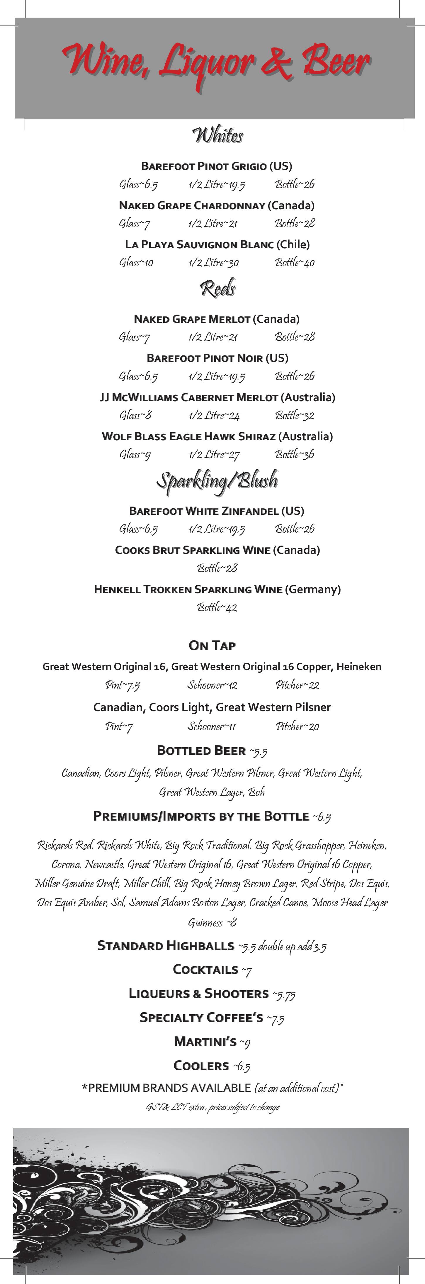 Menu at The Atrium restaurant, Regina