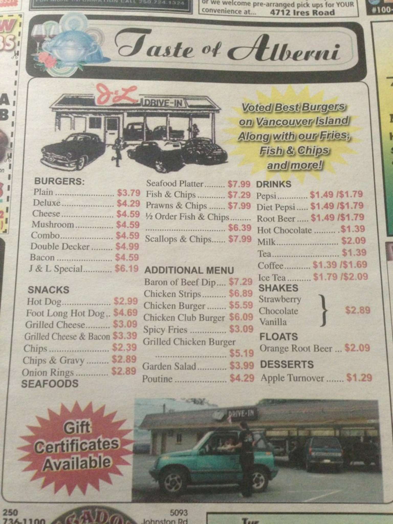 Menu at J & L Drive-In fast food, Port Alberni