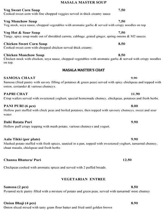 Menu at Masala Master restaurant, Drummoyne