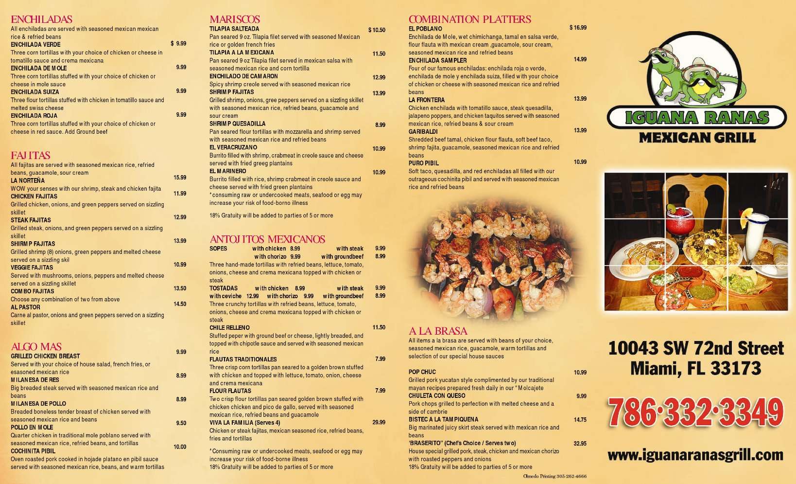 Menu at Iguana Ranas Mexican Grill restaurant, Miami