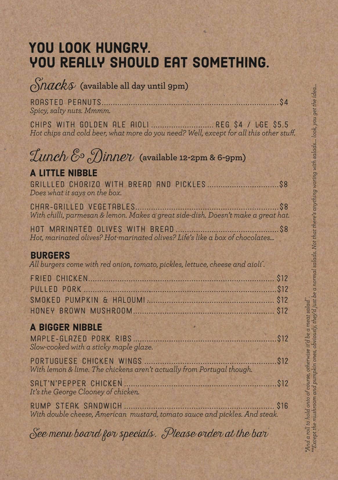 Menu at Shambles Brewery pub & bar, Hobart