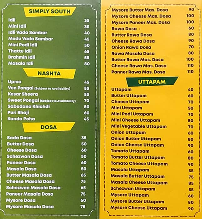 Menu of South Eats, Sanpada, Navi Mumbai