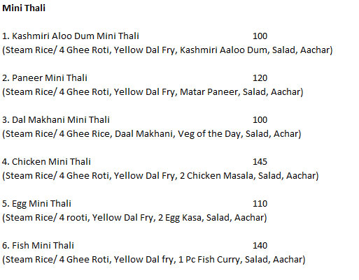 Menu of Thali, New Town, Kolkata