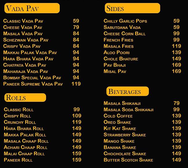 Menu of Bombay Vada Pav, Amrapali Leisure Valley, Greater Noida