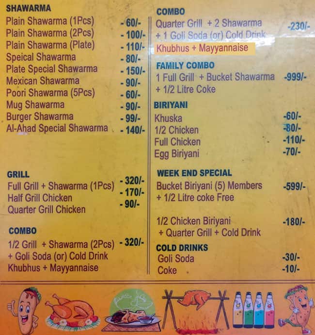 Menu of Al - Ahad Shawarma Zone, Royapuram, Chennai