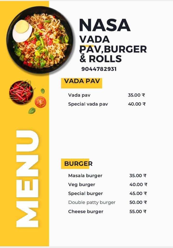Menu of NASA Burgers & Rolls, Jopling Road, Lucknow